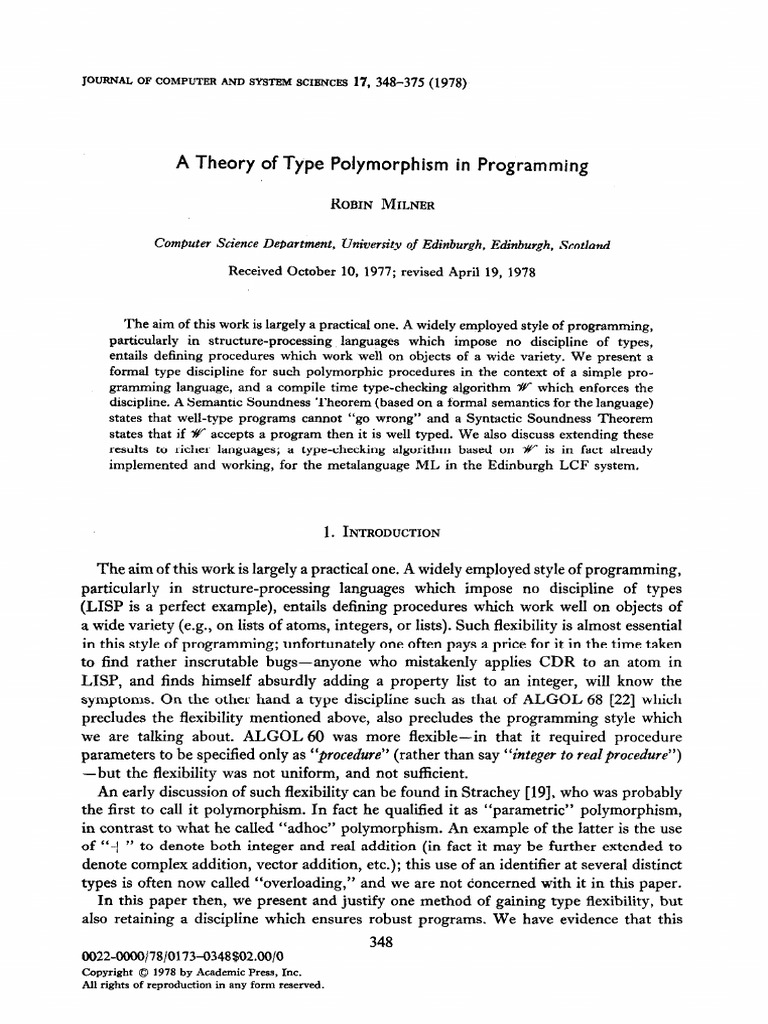 A Theory of Type Polymorphism in Programming | PDF