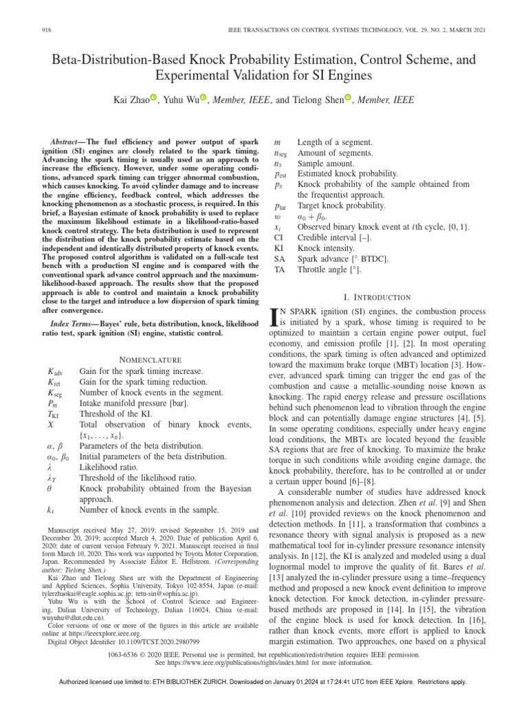 Beta-Distribution-Based Knock Probability Estimation Control Scheme and Experimental Validation ...