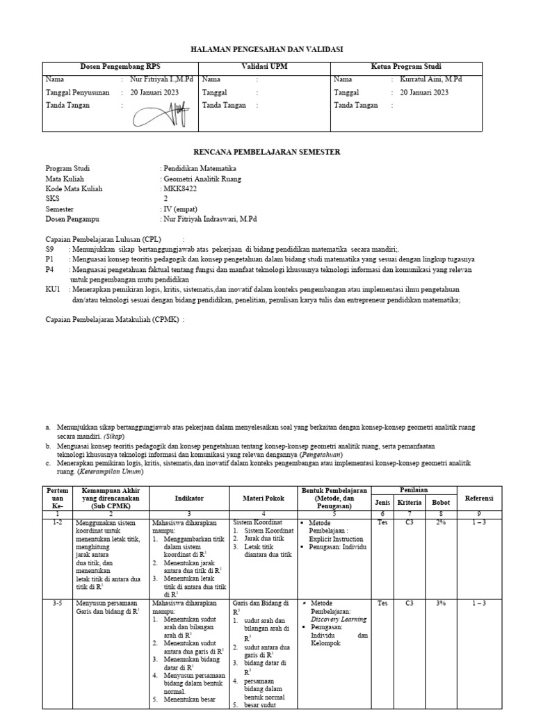 RPS - Geometri Analitik Ruang - 4a - P.MTK | PDF