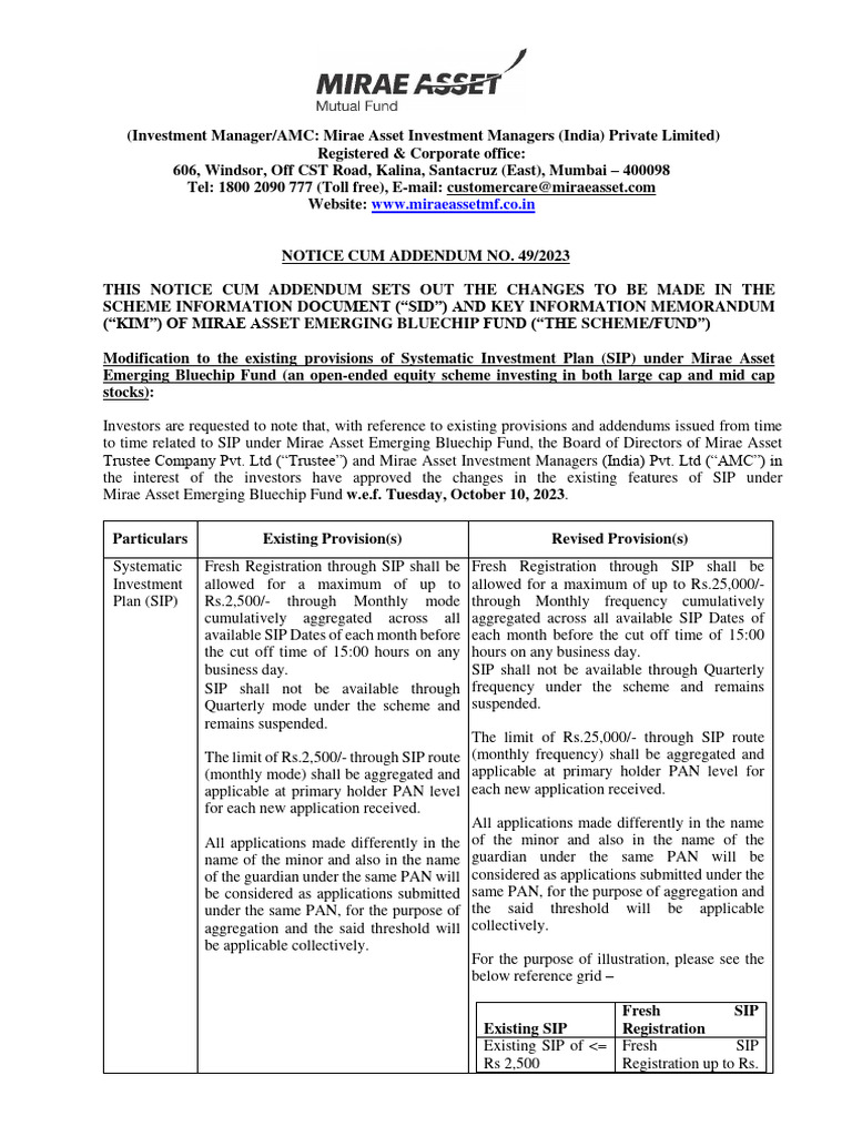 Mirae Asset SIP Changes Notice 2023 | PDF | Investing | Investment ...
