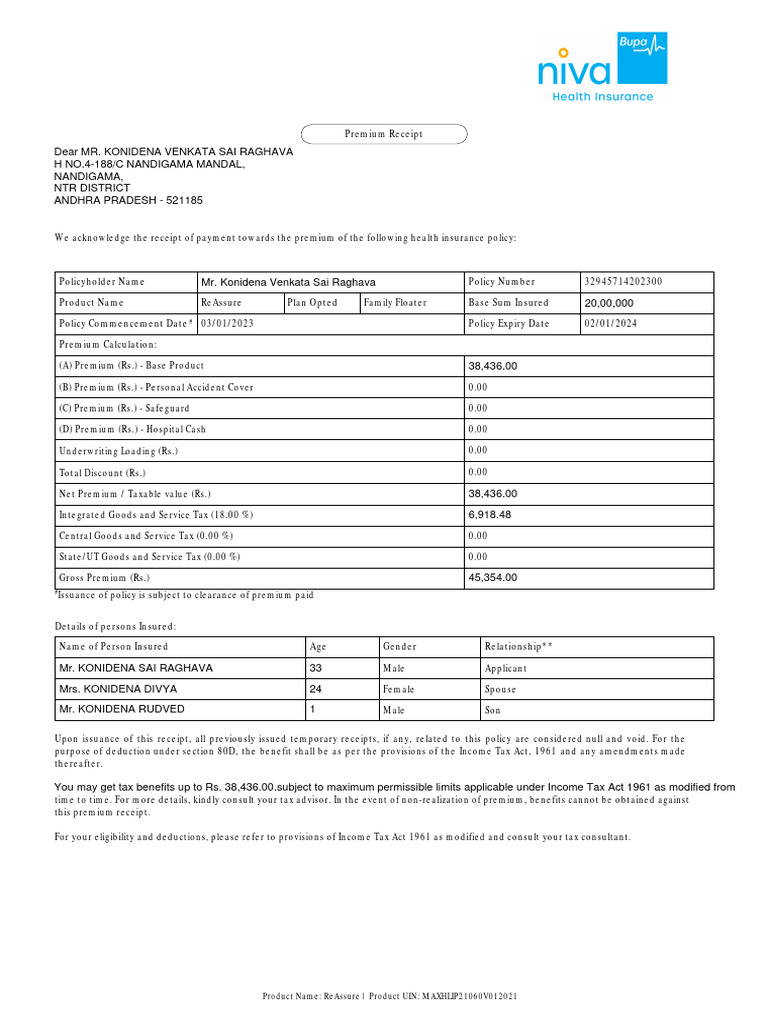 Medical Insurance Policy Self | PDF | Insurance | Taxes