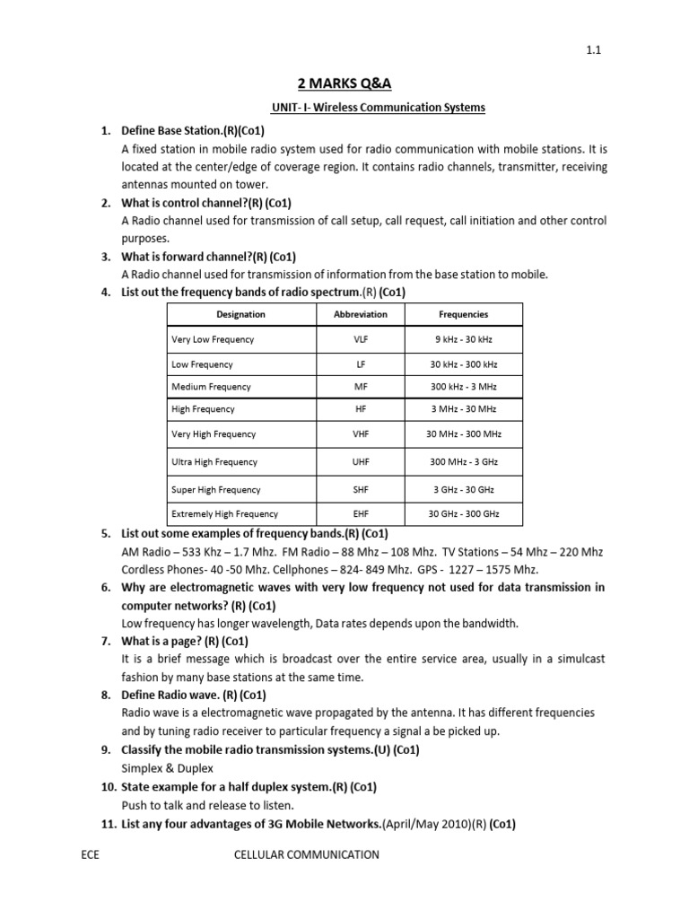 Two Marks Questions of CMC | PDF | Cellular Network | Radio