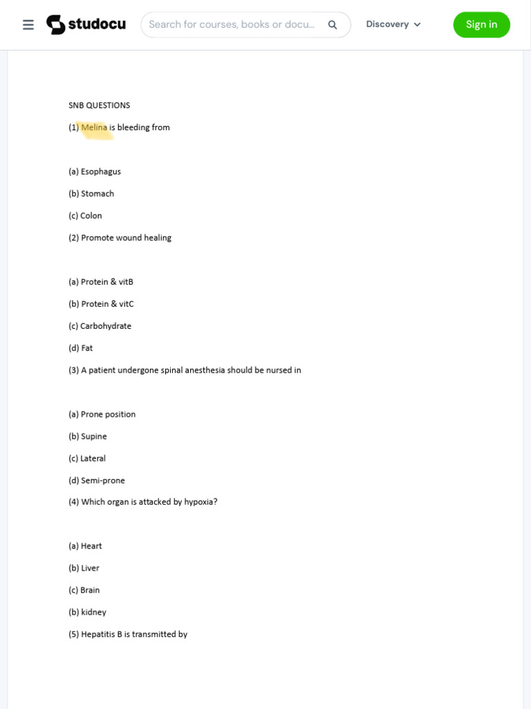 Singapore Nursing Board Exam Question Paper - SNB QUESTIONS (1) Melina ...