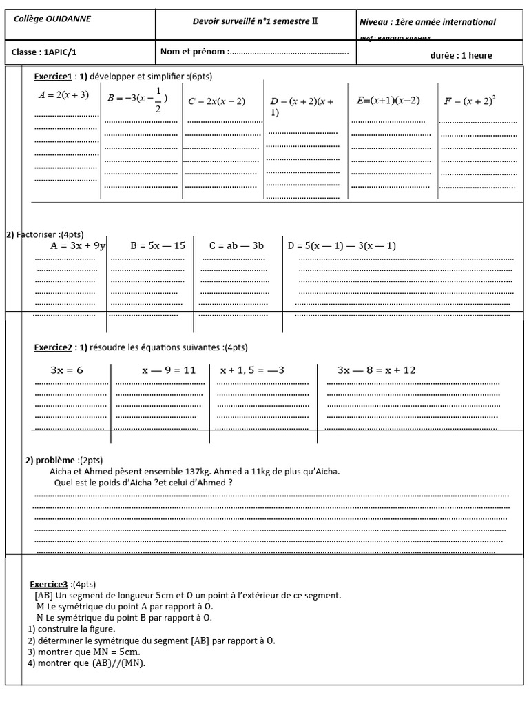Devoir 1 Modele 2 Mathematiques 1ac Semestre 2 | PDF