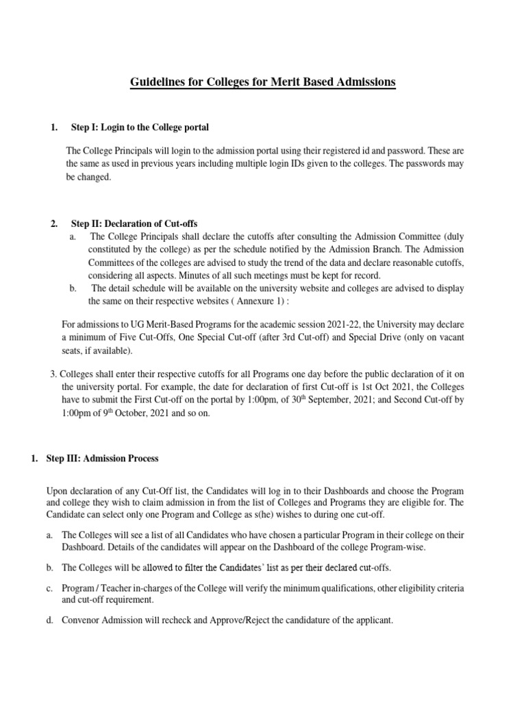 Merit-Based Admission Guidelines for Colleges | PDF