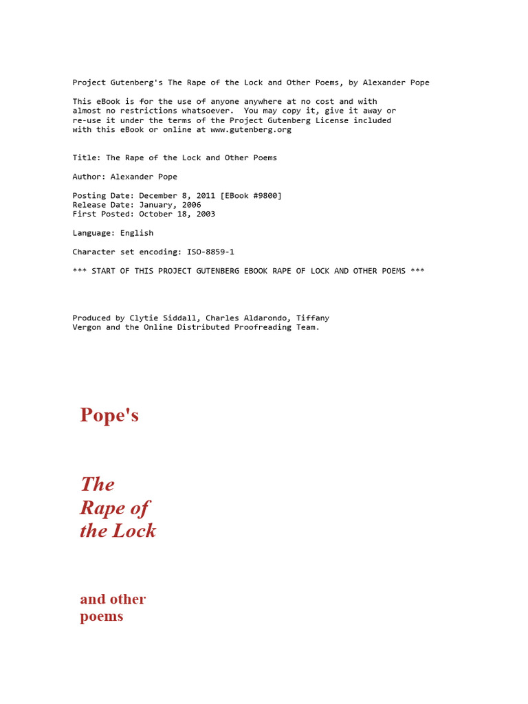 The Rape of The Lock and Other Poems, by Pope | PDF | Poetry