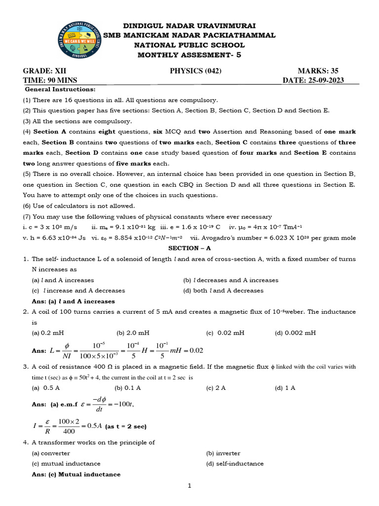 Marks Each, Section D Contains One Case Study Based Question of Four Marks and Section E ...