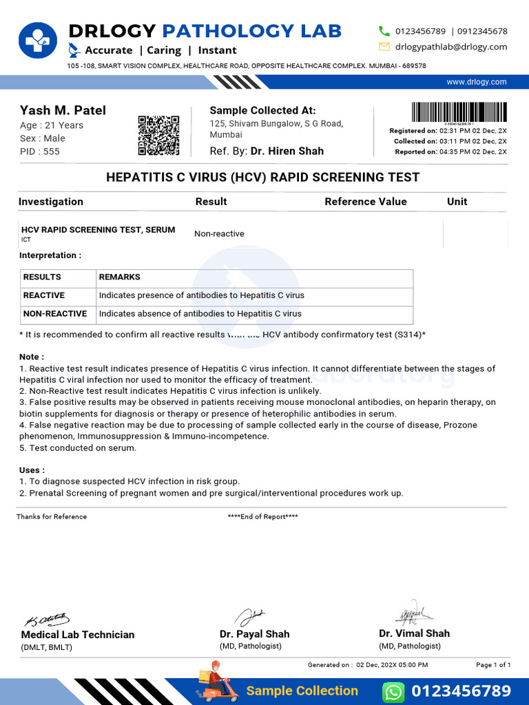 Hepatitis C Virus HCV Test Report Format Example Sample Template Drlogy ...