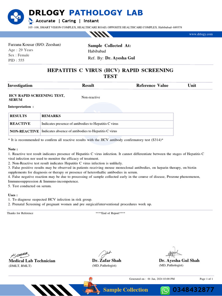 (Merge) Hepatitis C Virus HCV Test Report Format Example Sample Temp ...