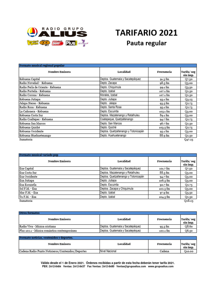 Tarifario 2021 Quetzales | PDF