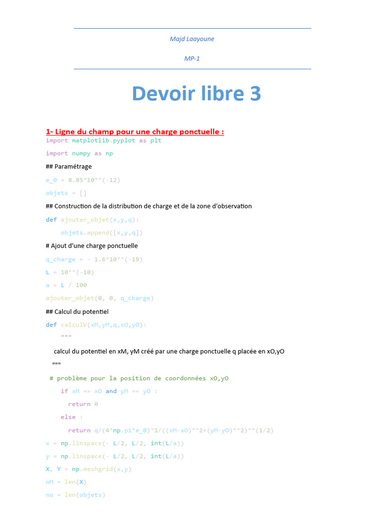 Devoir Libre 3: 1-Ligne Du Champ Pour Une Charge Ponctuelle | PDF