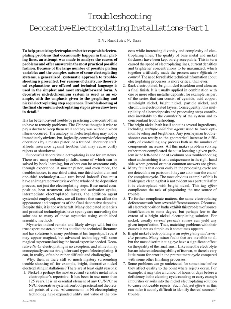 Troubleshooting Decorative Electroplating Installations-Part 1 | PDF | Troubleshooting | Nickel