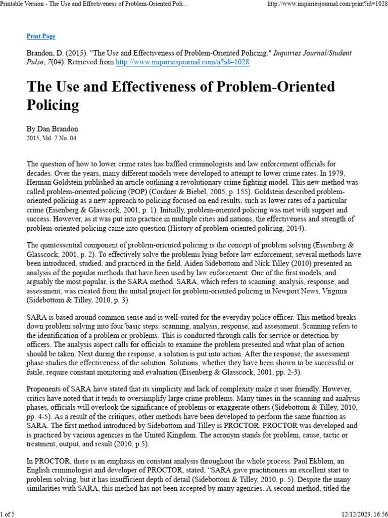 The Use And Effectiveness Of Problem Oriented Policing Branden 2015 Pdf Parole Misconduct