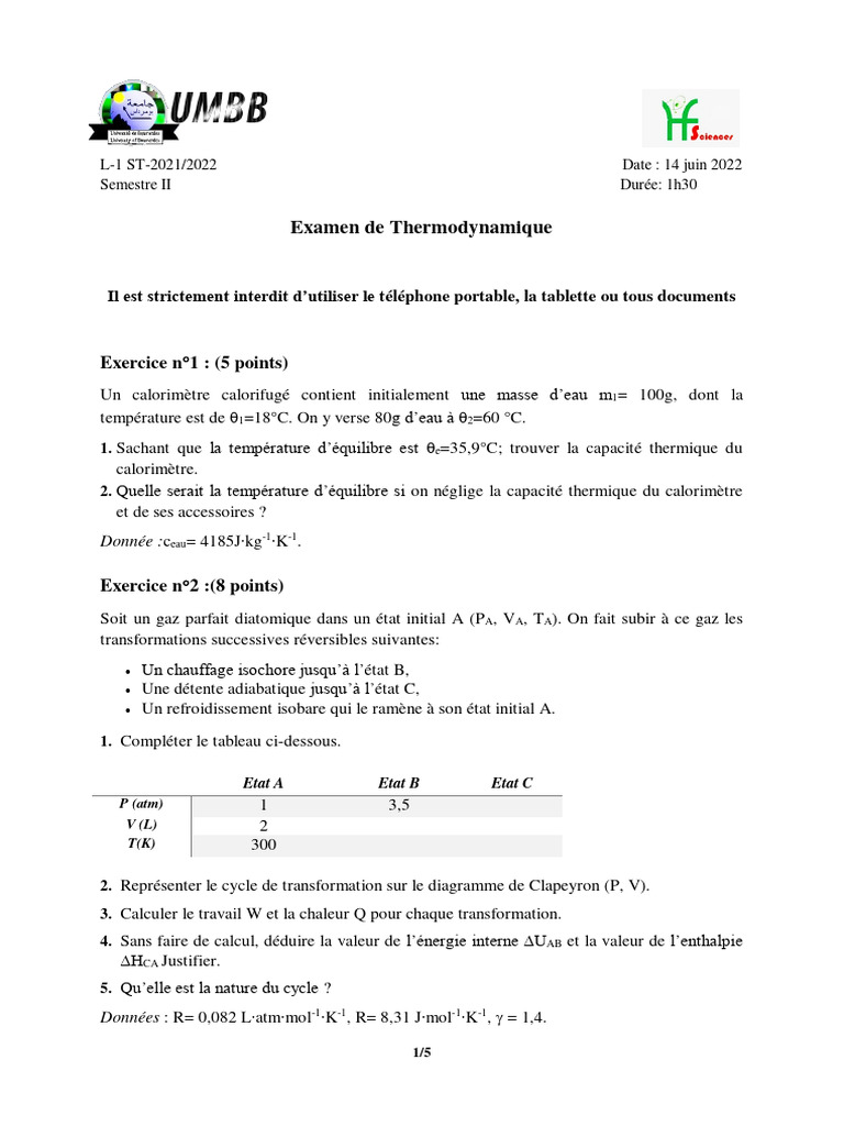 Chimie 2 | PDF | Capacité thermique | Enthalpie