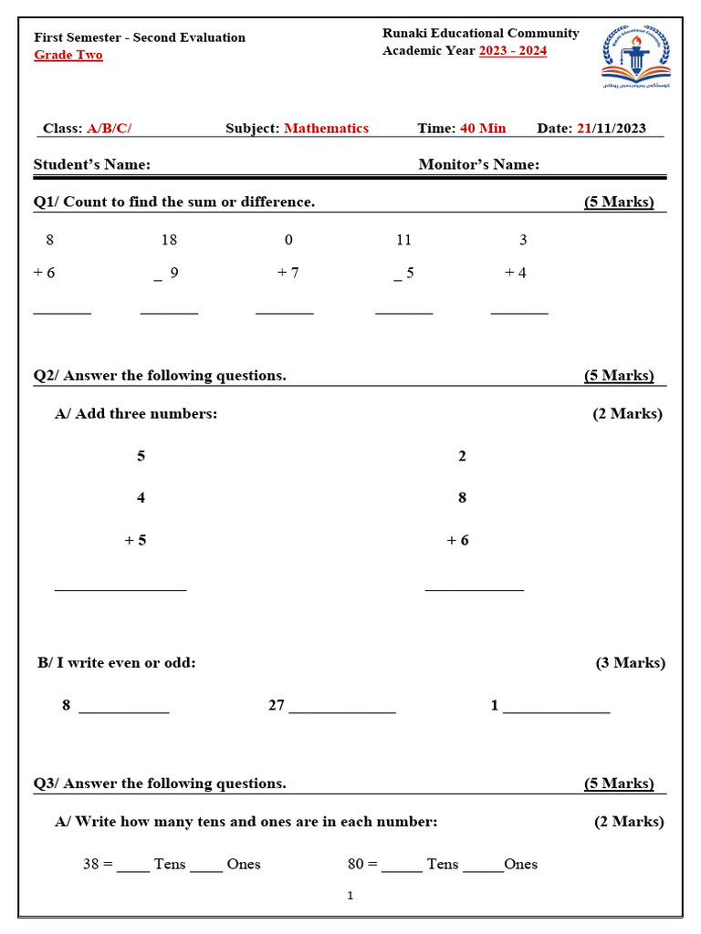 21 40 Min Mathematics A/B/C/: Date: /11/2023 Time: Subject: Class ...