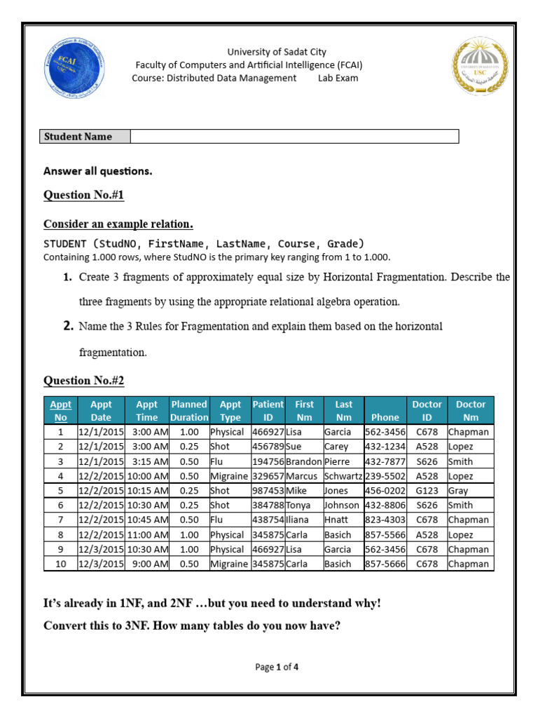 Consider An Example Relation 1. Create 3 Fragments of Approximately Equal Size by Horizontal ...