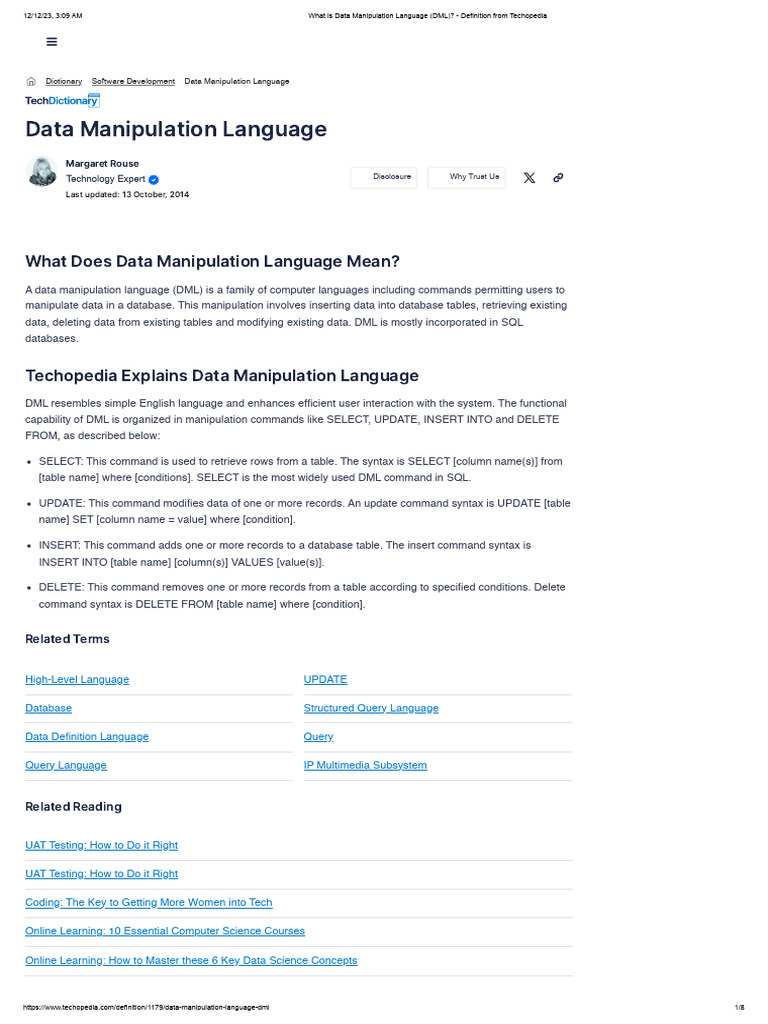 What Is Data Manipulation Language (DML) - Definition From Techopedia | PDF | Sql | Information ...