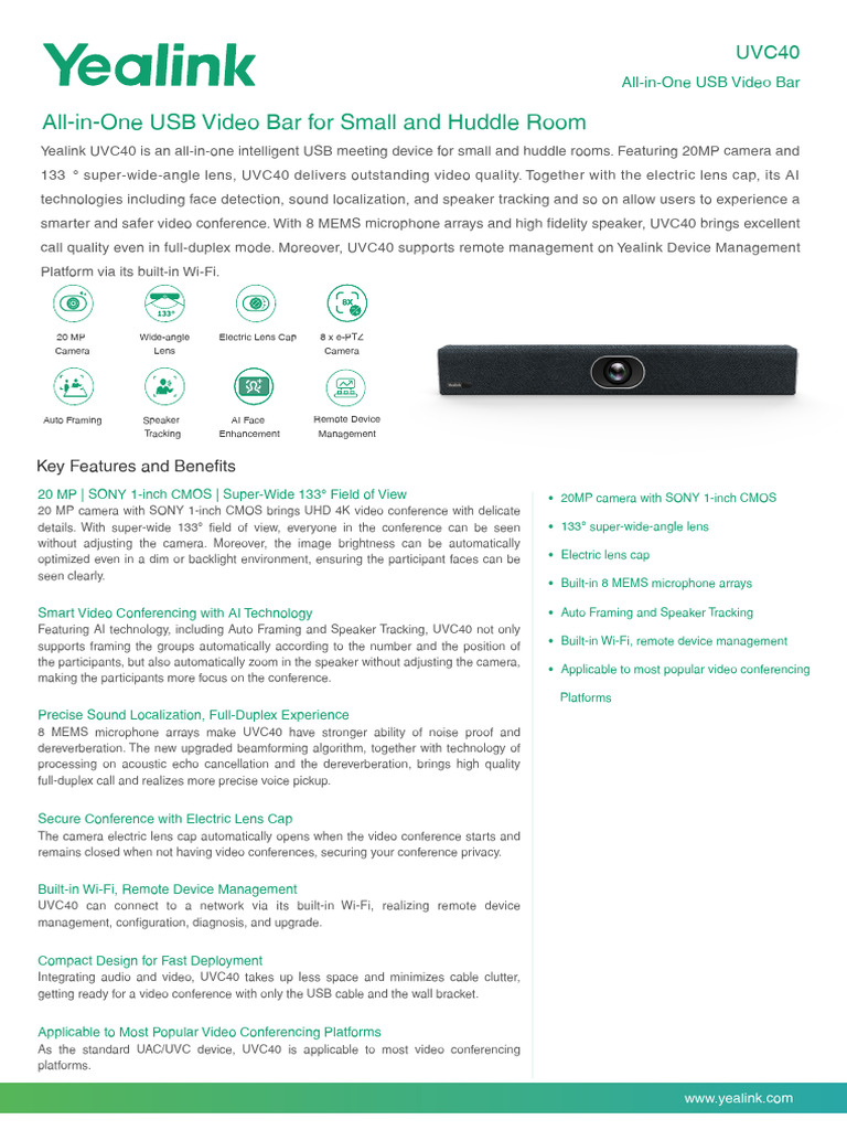 Yealink UVC40 Datasheet | PDF | Usb | Videotelephony