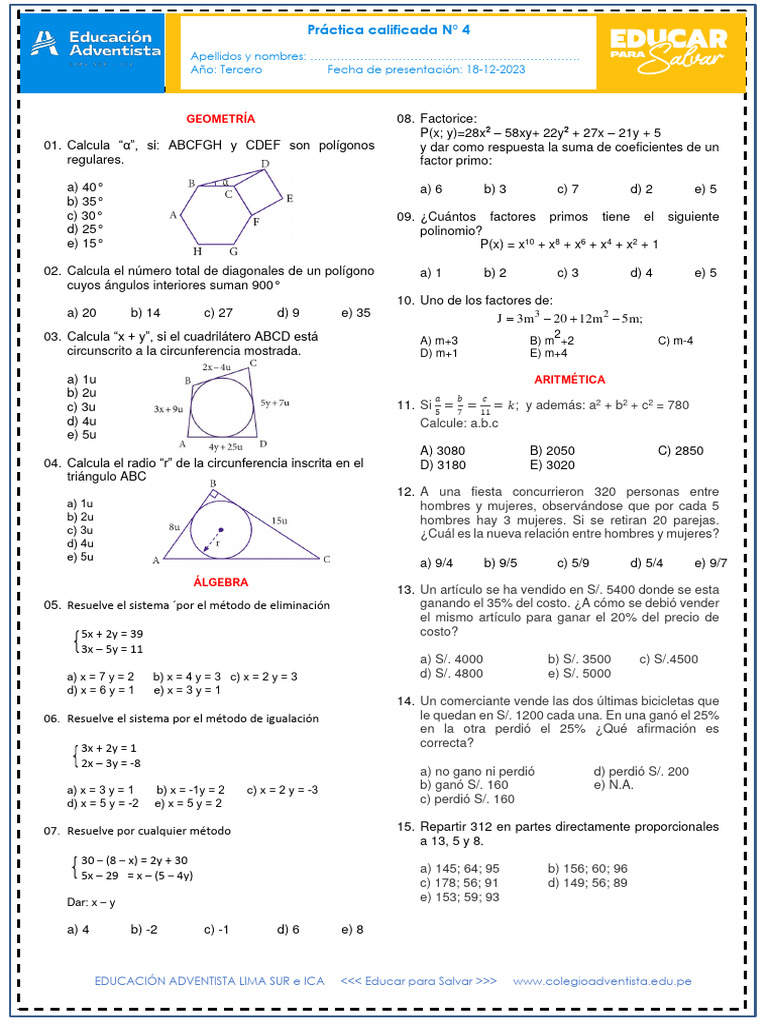 Práctica Calificada #4 - 3ro Sec | PDF | Geometría euclidiana | Geometría Elemental