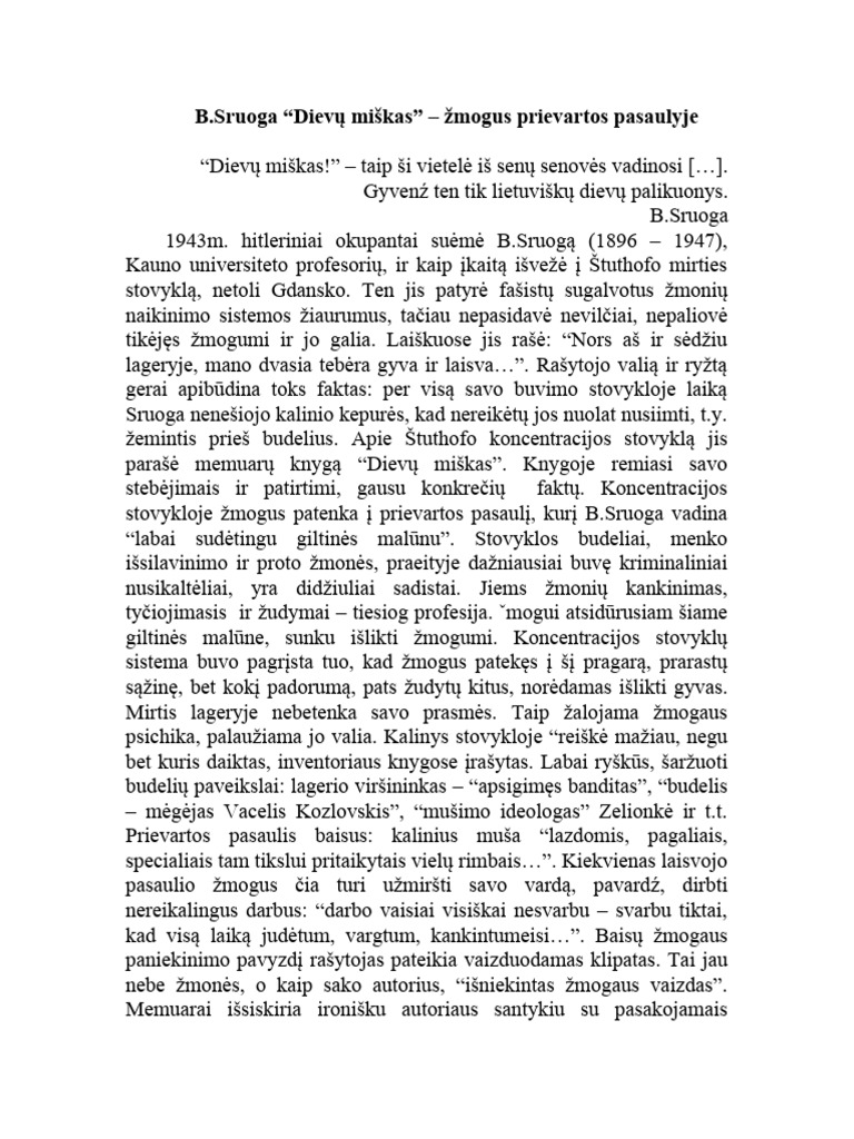 B. Sruoga Dievu Miskas Zmogus Prievartos Pasaulyje | PDF