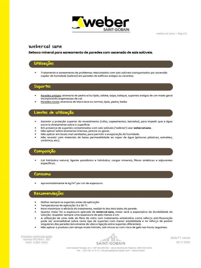 Ficha Tecnica Webercal Sane | PDF