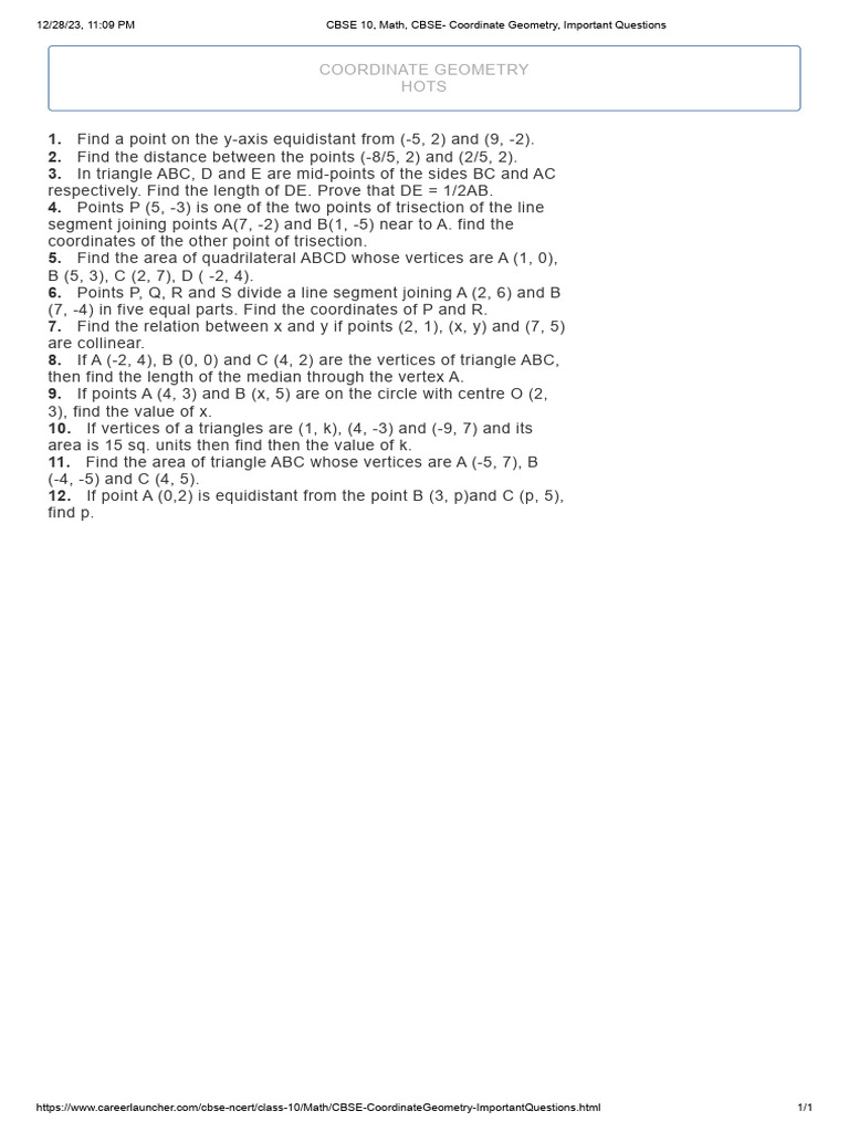 CBSE 10, Math, CBSE - Coordinate Geometry, Important Questions | PDF