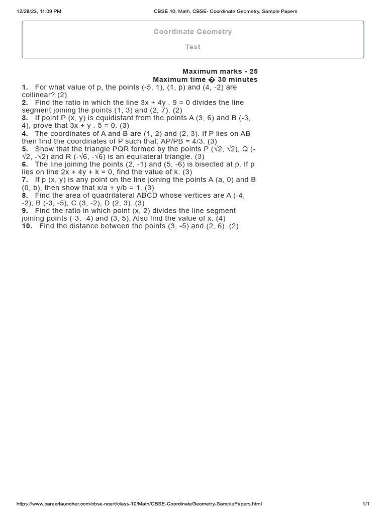 Class 10 Coordinate Geometry Test Paper | PDF