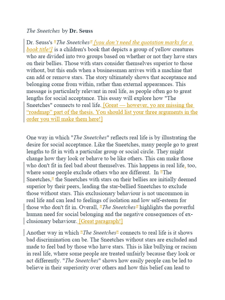 "The Sneetches": Social Acceptance Essay | PDF | Social Science | Self ...