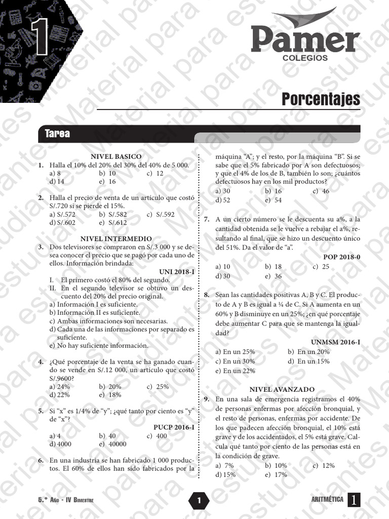 07 Tarea Aritmética 5° Año | PDF | Porcentaje | Matemáticas