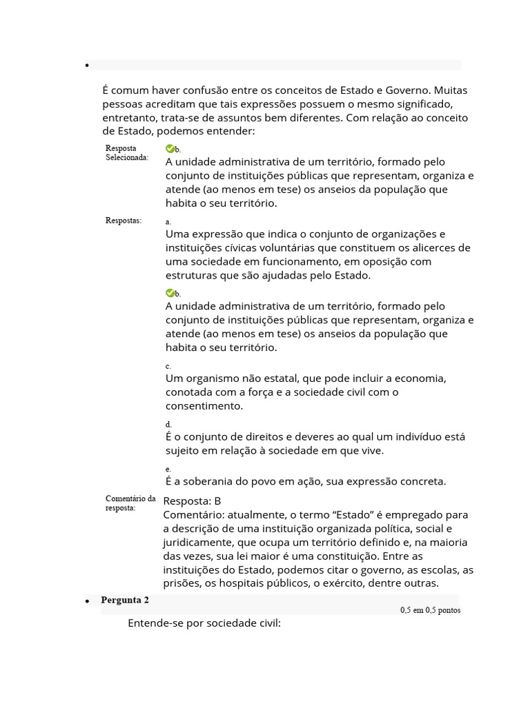 Resposta Selecionada: B.: Pergunta 2 | PDF | Estado | Ciência Política