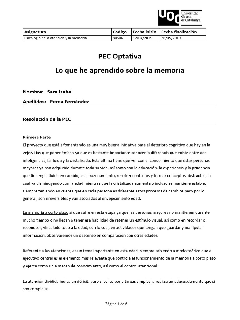 PEC Optativa | PDF | Memoria | Atención