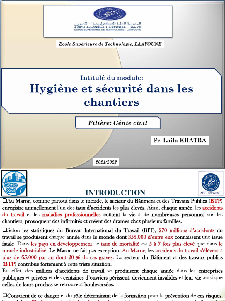 Présentation - Cours Hygiène Et Securite Dans Les Chantiers BTP - L KH | PDF