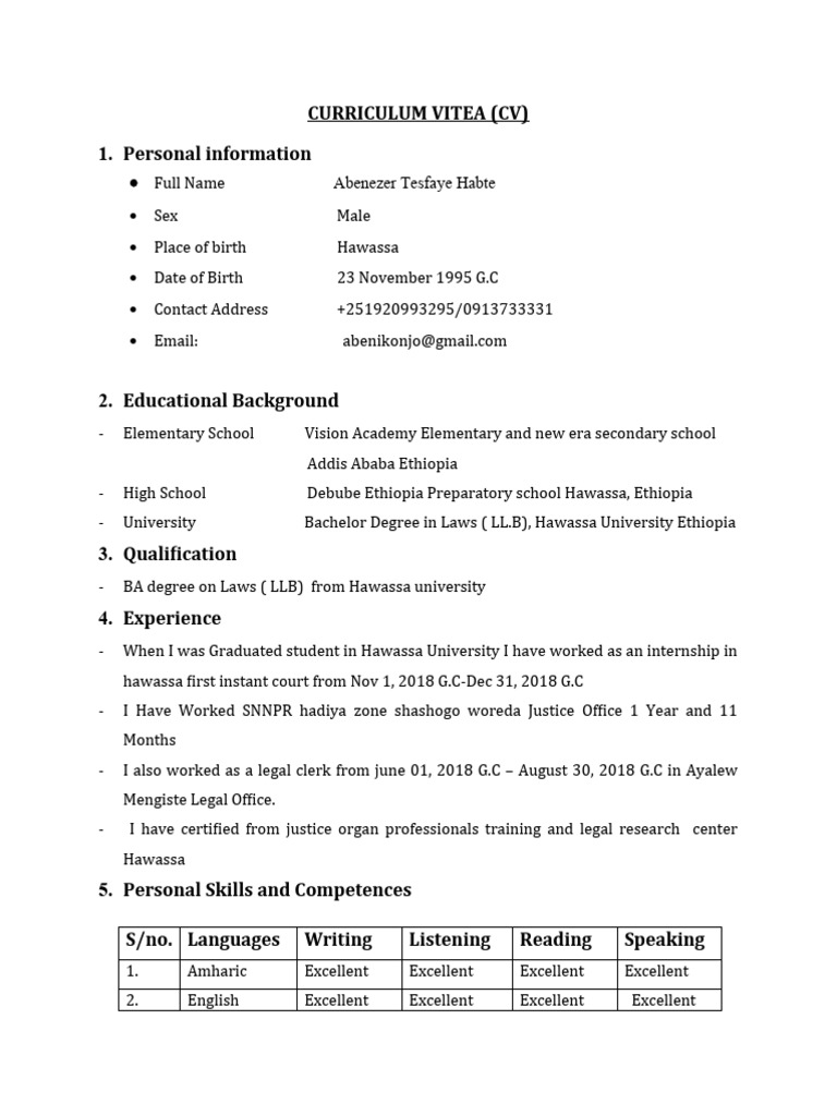 Curriculum Vitea (CV) 1. Personal Information | PDF