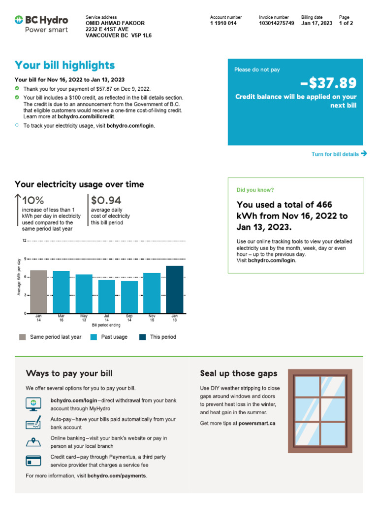 BC Hydro Bill Summary Jan 2023 | PDF | Cost Of Living | Government Finances