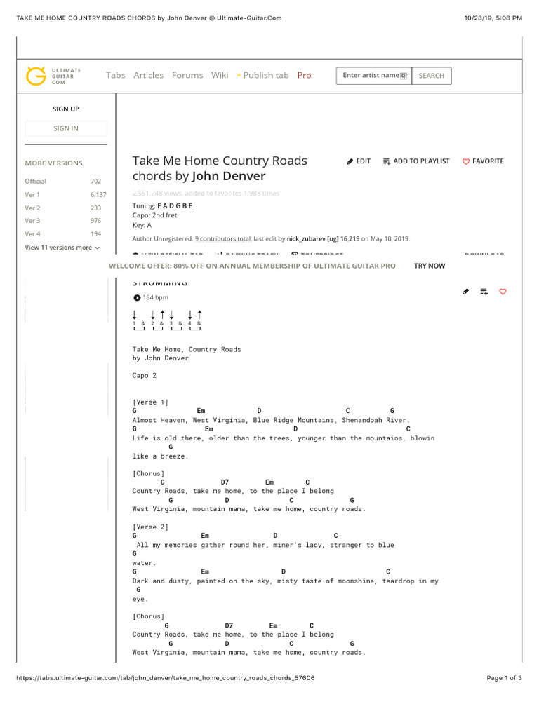TAKE ME HOME COUNTRY ROADS CHORDS by John Denver @ | PDF | Guitars ...
