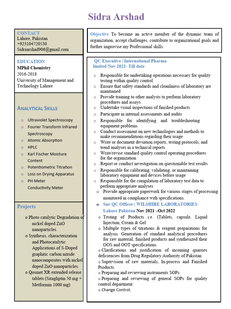 Sidra Arshad Analyst | PDF | Laboratories | Titration