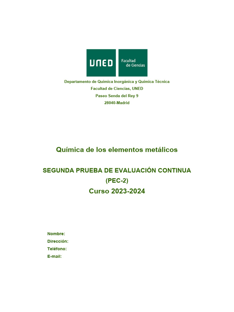 PEC-2 23-24 Química de Los Elementos Metálicos | PDF