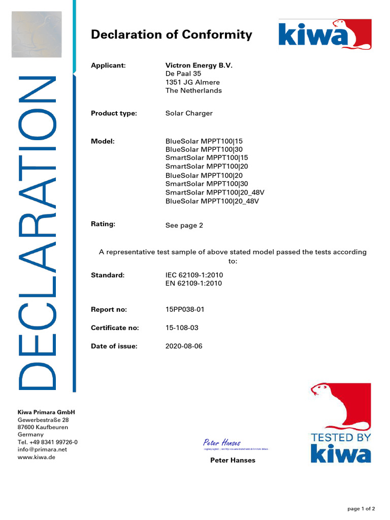 Certificate Safety EN IEC 62109 1 BlueSolar SmartSolar MPPT 100 15 100 ...