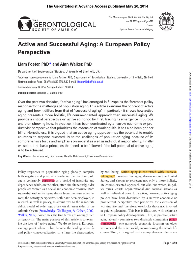 Active and Successful Aging - A European Policy Perspective | PDF | Ageing | European Union