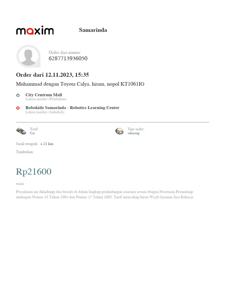 Bukti Perjalanan Dengan Maxim Indonesia Dari 12.11.2023, 15 - 35 | PDF Bukti Perjalanan Dengan Maxim Indonesia Dari 12.11.2023, 15 - 35 | PDF