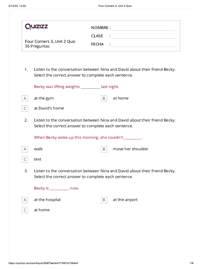 Four Corners 3, Unit 2 Quiz | Download Free PDF | Sentence (Linguistics) | Syntax