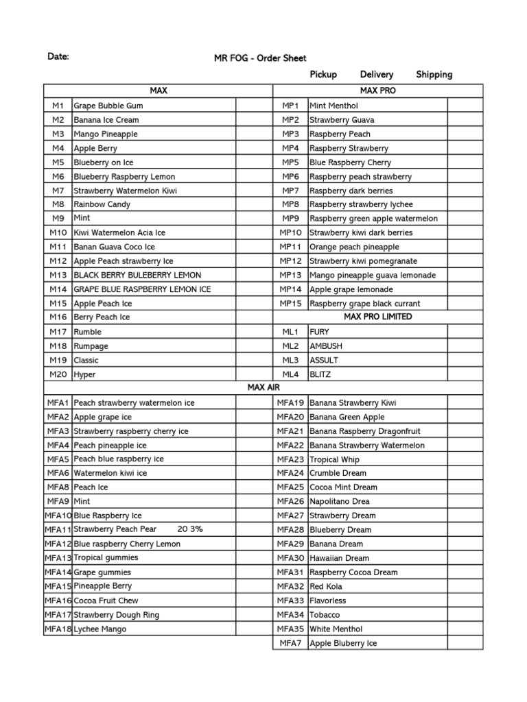 Date: Pickup Delivery Shipping MR FOG - Order Sheet | PDF | Berry | Fruit
