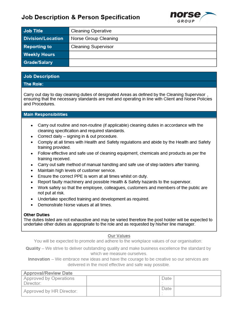 Cleaning Operative JD - CLN | PDF | Occupational Safety And Health | Safety