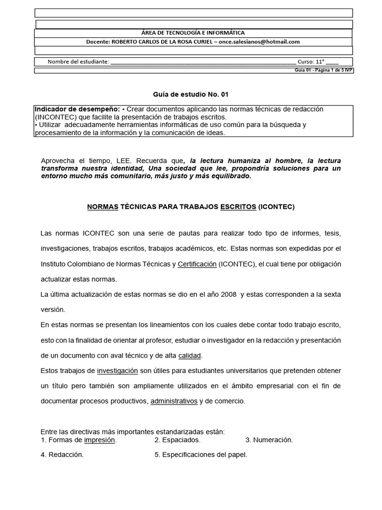 Guia-N1-11°-IVP - NORMAS TÉCNICAS PARA TRABAJOS ESCRITOS (ICONTEC) | PDF | Estandarización ...