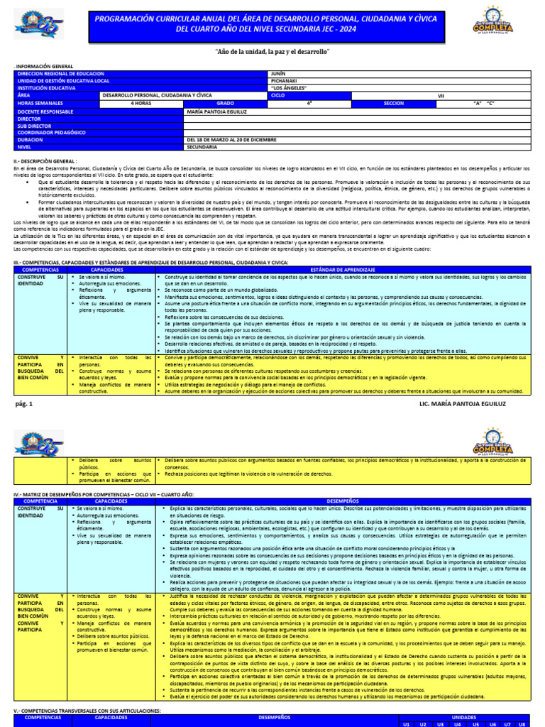 4°plan Anual y Unidad-Dpcc-Pantoja-2024 | Descargar gratis PDF ...