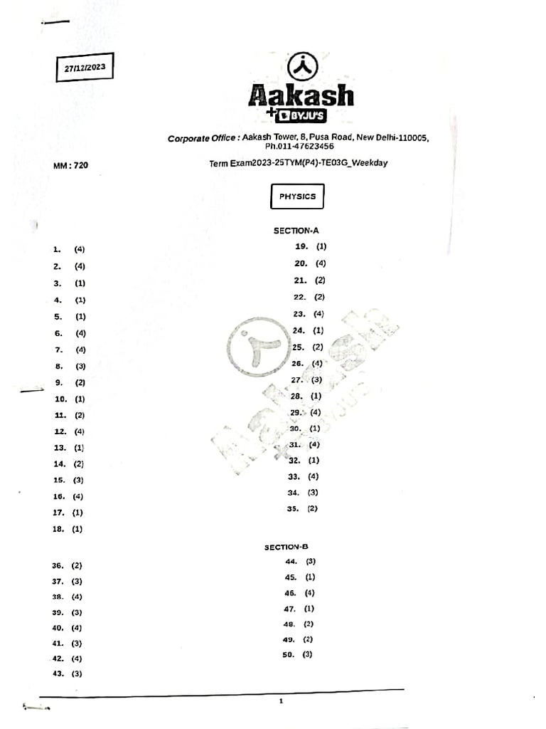 Te-03 - Code - G Phase - 4 - Official Answer Key Tym | PDF