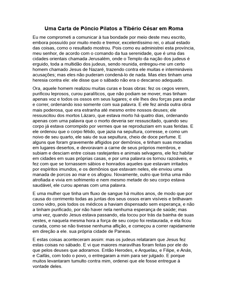 Uma Carta de Pôncio Pilatos A Tibério César em Roma - Traduzida | PDF ...