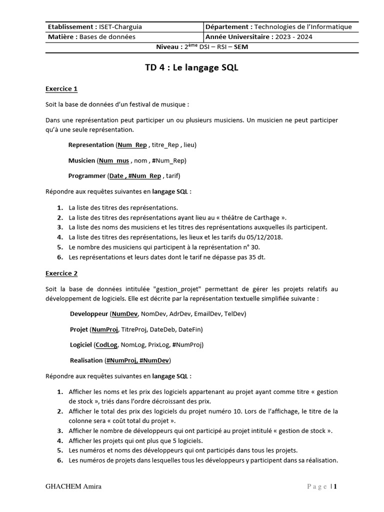 TD 4 - Le Langage SQL - 2023 | PDF
