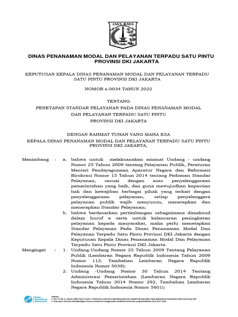 SK Penetapan Standar Pelayanan Pada DPMPTSP Dki Jakarta 2022 | PDF SK Penetapan Standar Pelayanan Pada DPMPTSP Dki Jakarta 2022 | PDF
