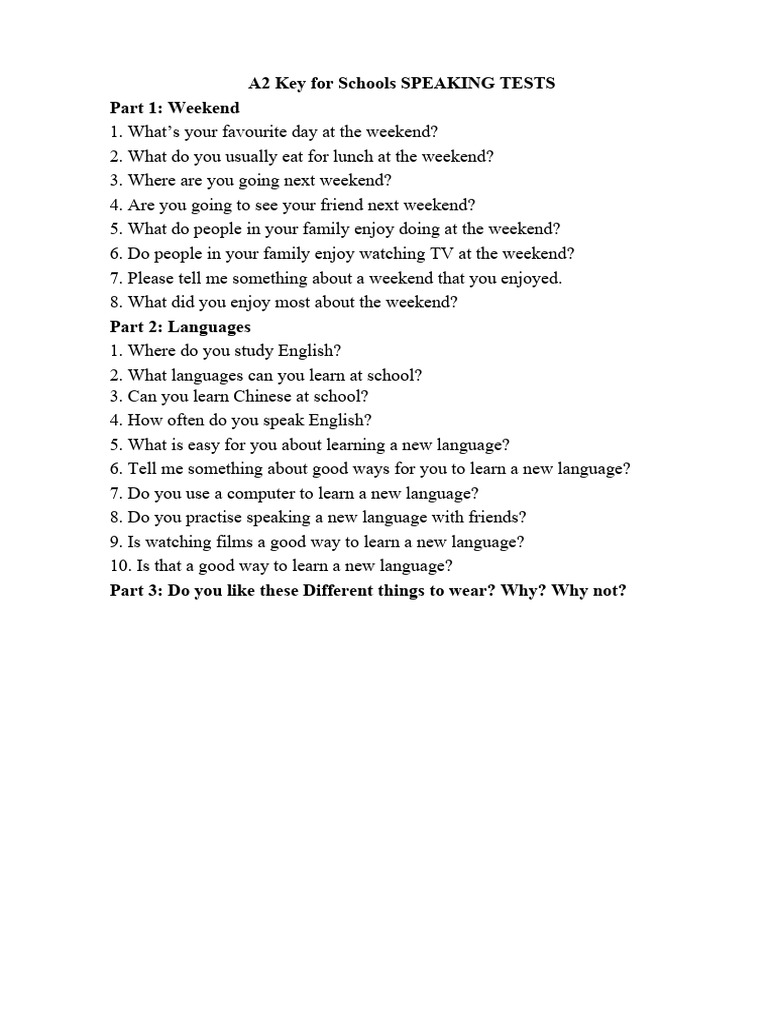 A2 Key For Schools Speaking Tests | PDF